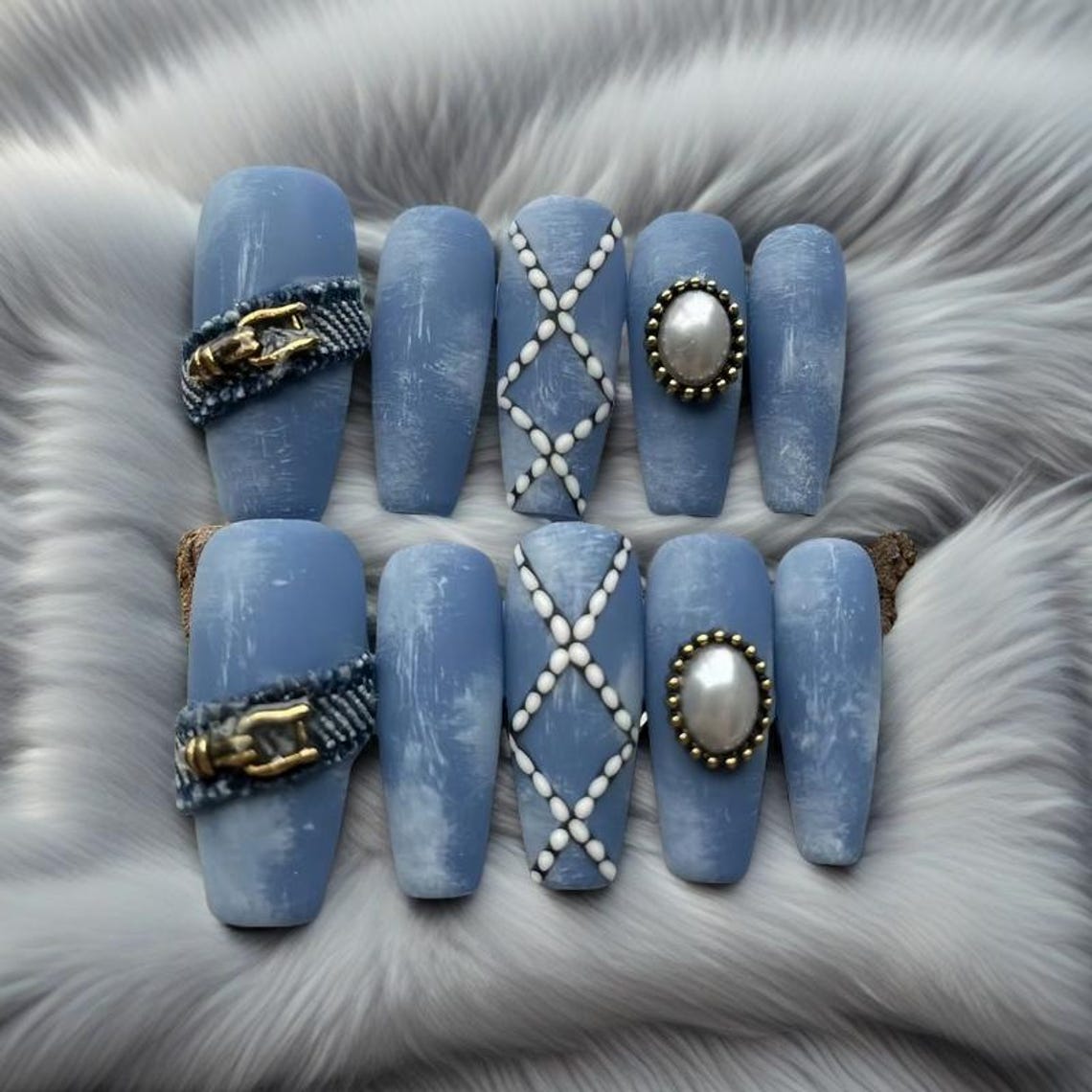 Blue Denim Press on Nails: Cowgirl Western Style, Pearl Shimmer - Etsy