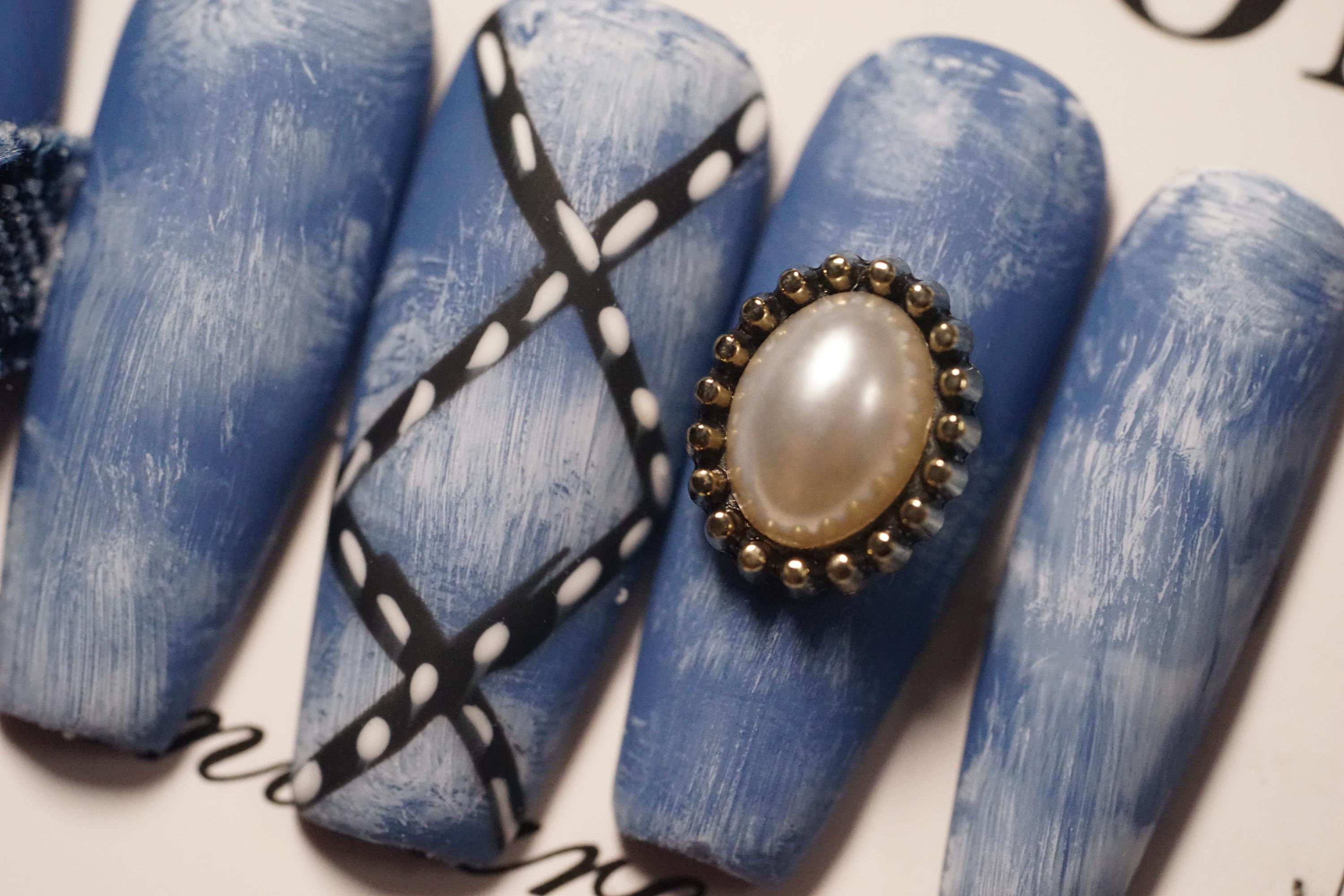 Blue Denim Press on Nails: Cowgirl Western Style, Pearl Shimmer - Etsy