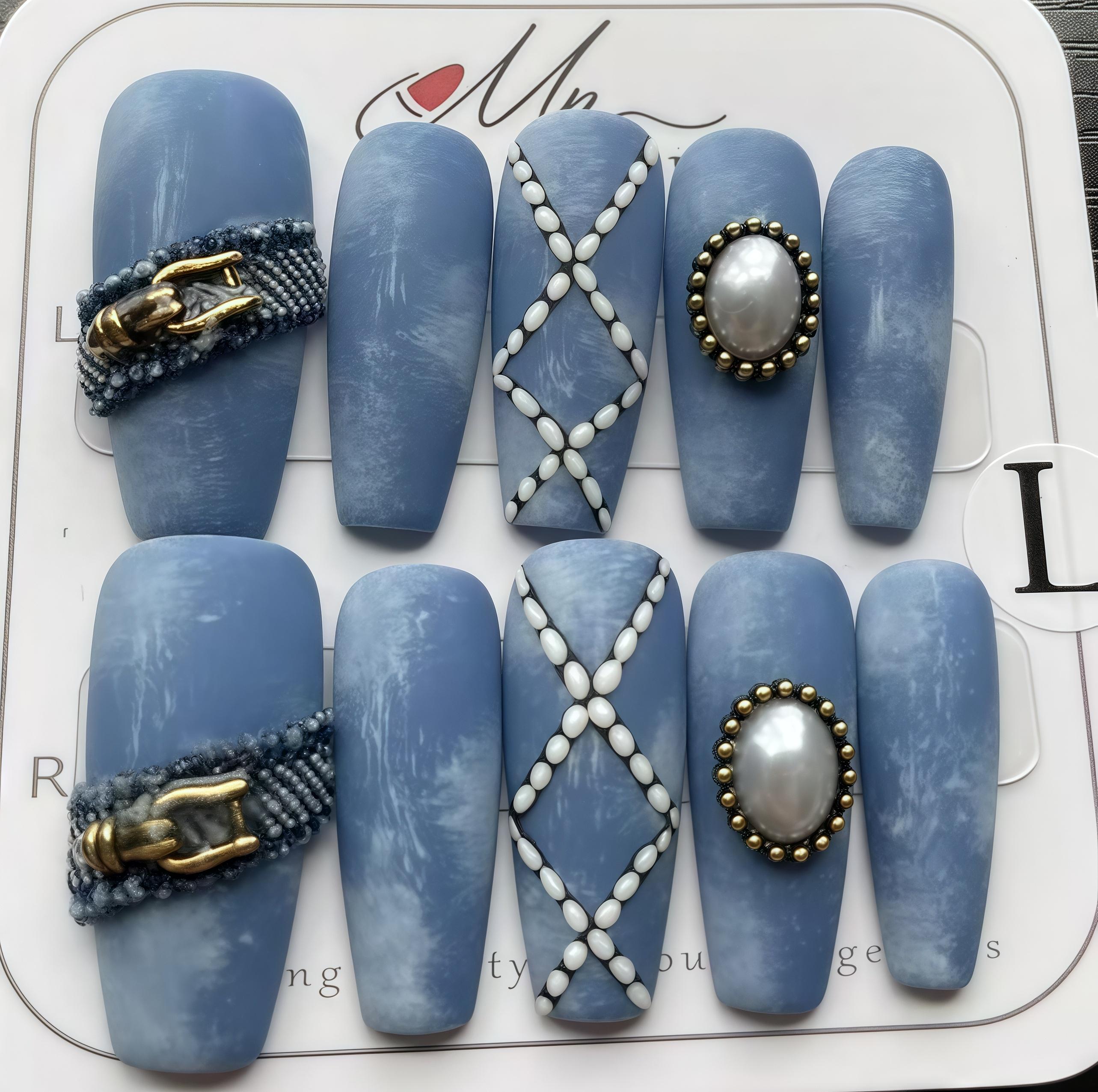 Blue Denim Press on Nails: Cowgirl Western Style, Pearl Shimmer - Etsy