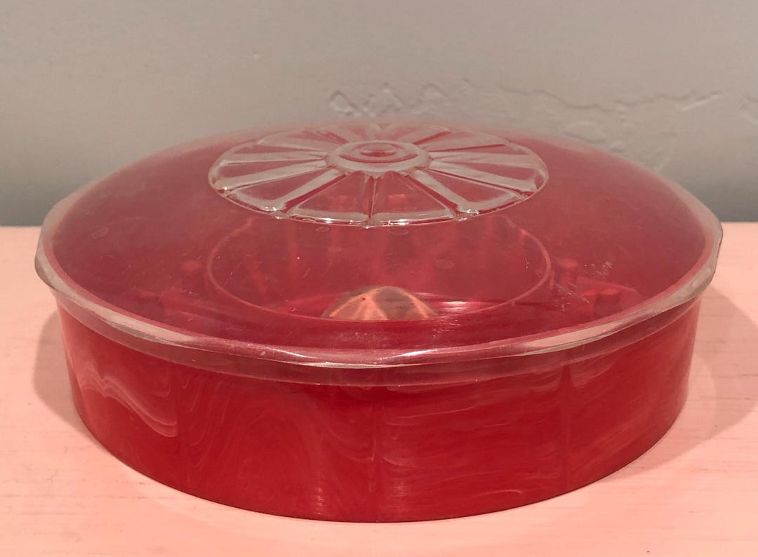 Vintage Red Pink Plastic Thread Holder Sewing W/ Lid Marbled With Old ...
