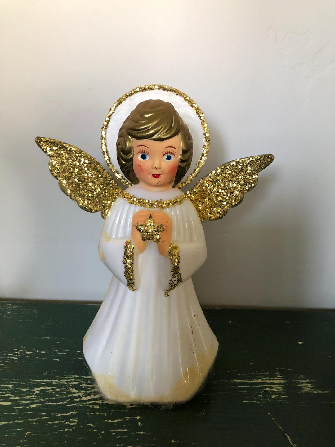 Vintage Angel Tree Topper Gold Glitter Wings Doubl Glo Blow Mold ...