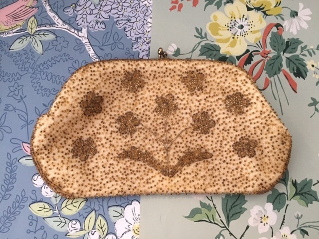 Vintage Richere Beaded Purse Gold Japan 1950s Clutch Evening Bag Prom ...