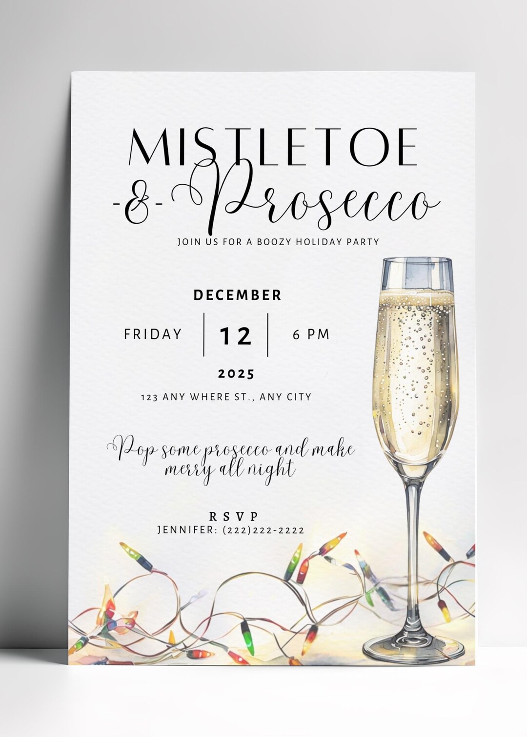 Editable Mistletoe & Prosecco Christmas Party Invitation, Chic Holiday ...