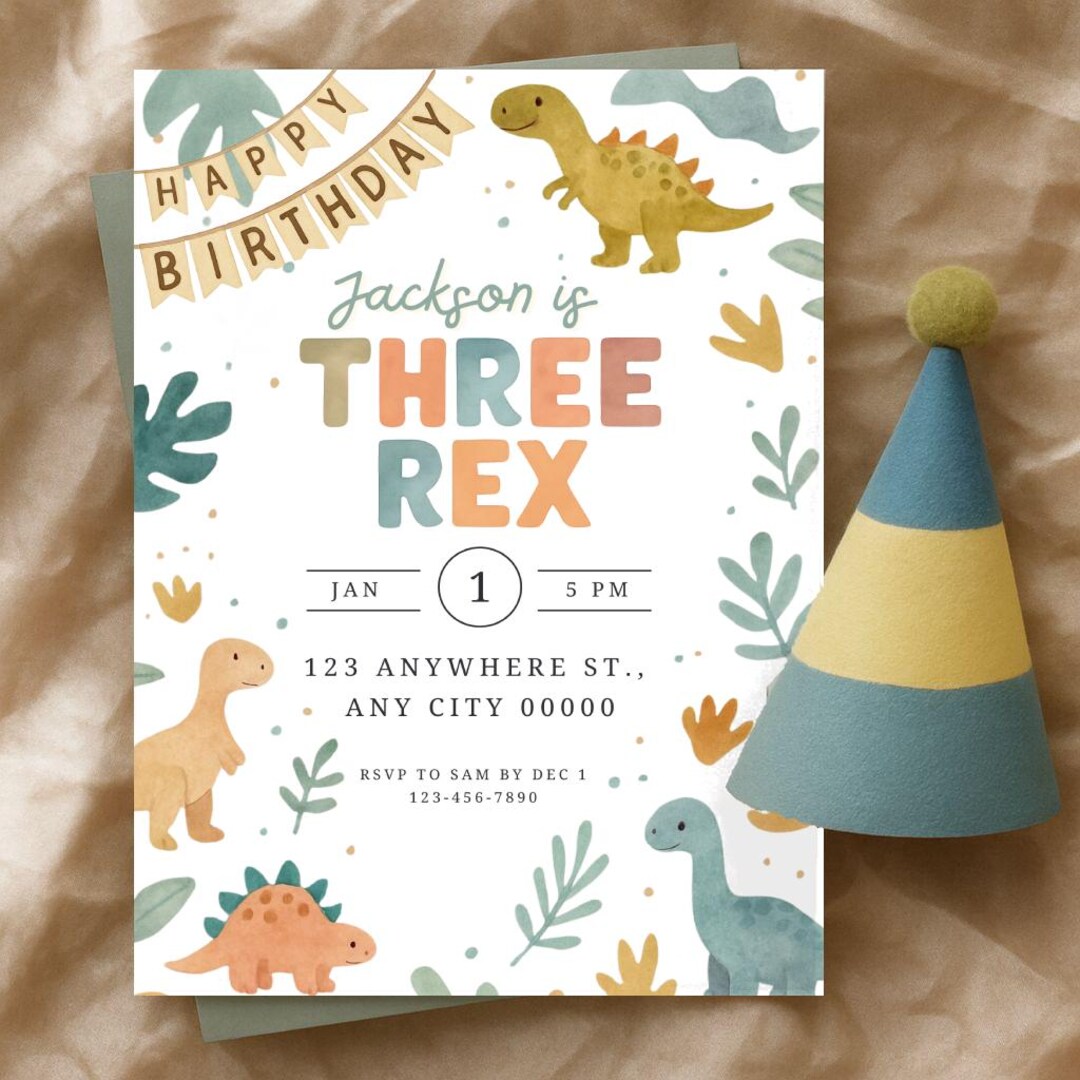 Three Rex Dinosaur Birthday Invitation | 3rd Birthday (digital Download ...