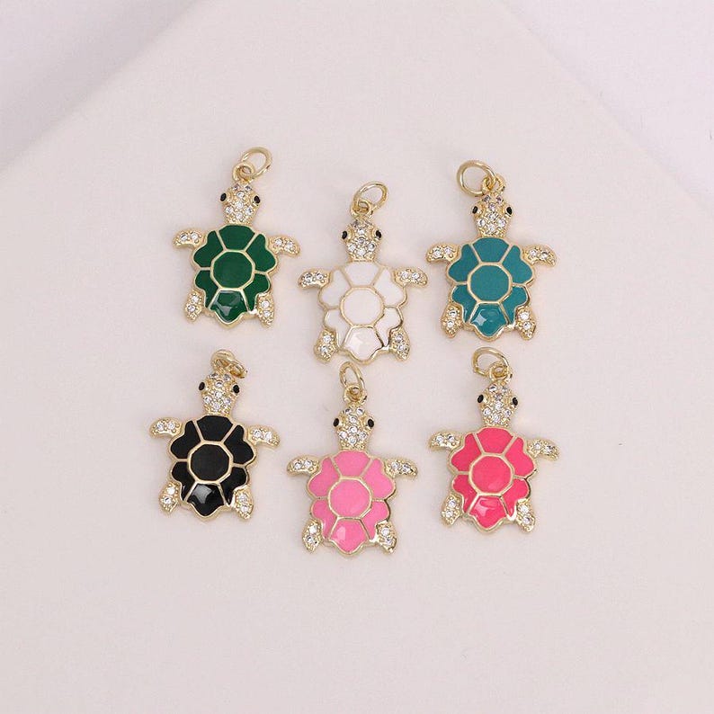 2pcs 18K Gold Enamel Zircon Sea Turtle Pendant,colored Cartoon Mini Sea ...