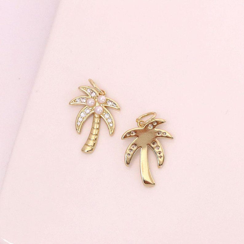 2pcs 18K Gold Palm Tree Pendant,dainty Zircon Pearls Coconut Tree Charm ...