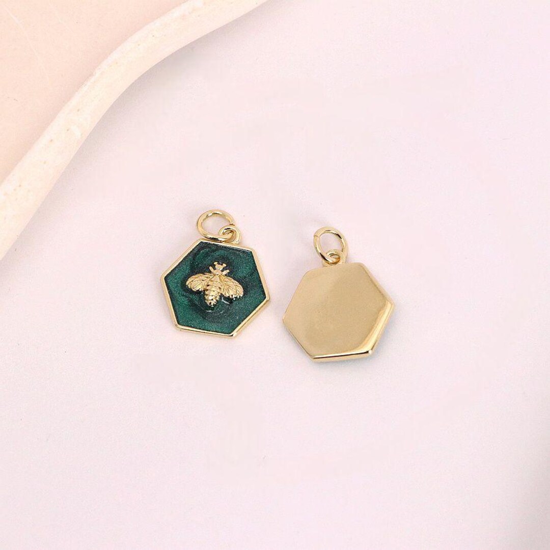 2pcs 18K Gold Filled Bee Pendant,green Enamel Bee Charm,hexagon Insect ...