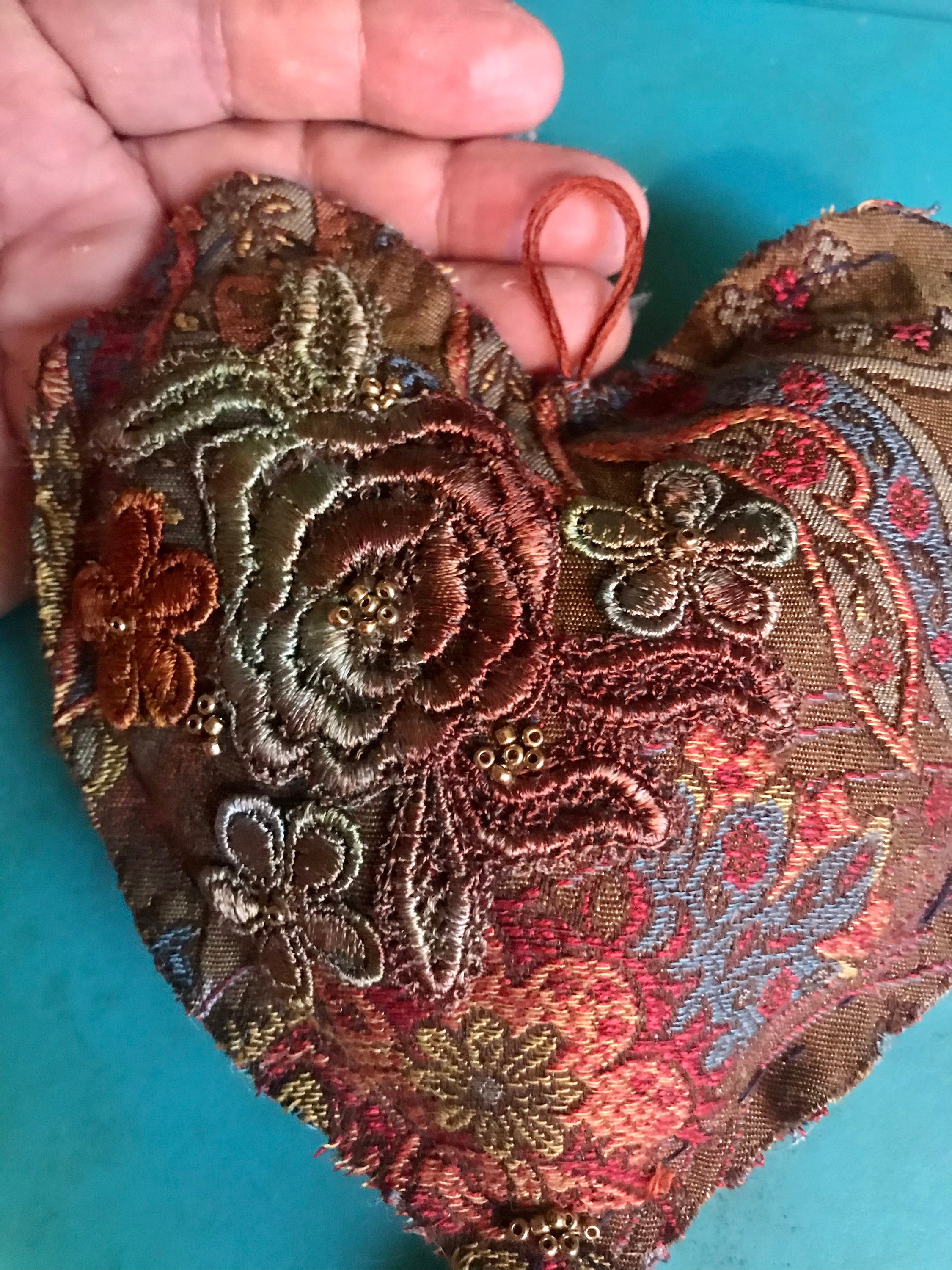 Romantic Victorian Stuffed Heart Ornament, Beaded Rose Heart Decor ...