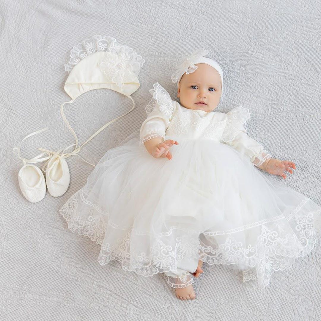 Ivory Linen Baby Girl Christening Outfit – Natural Baptism Dress Set ...