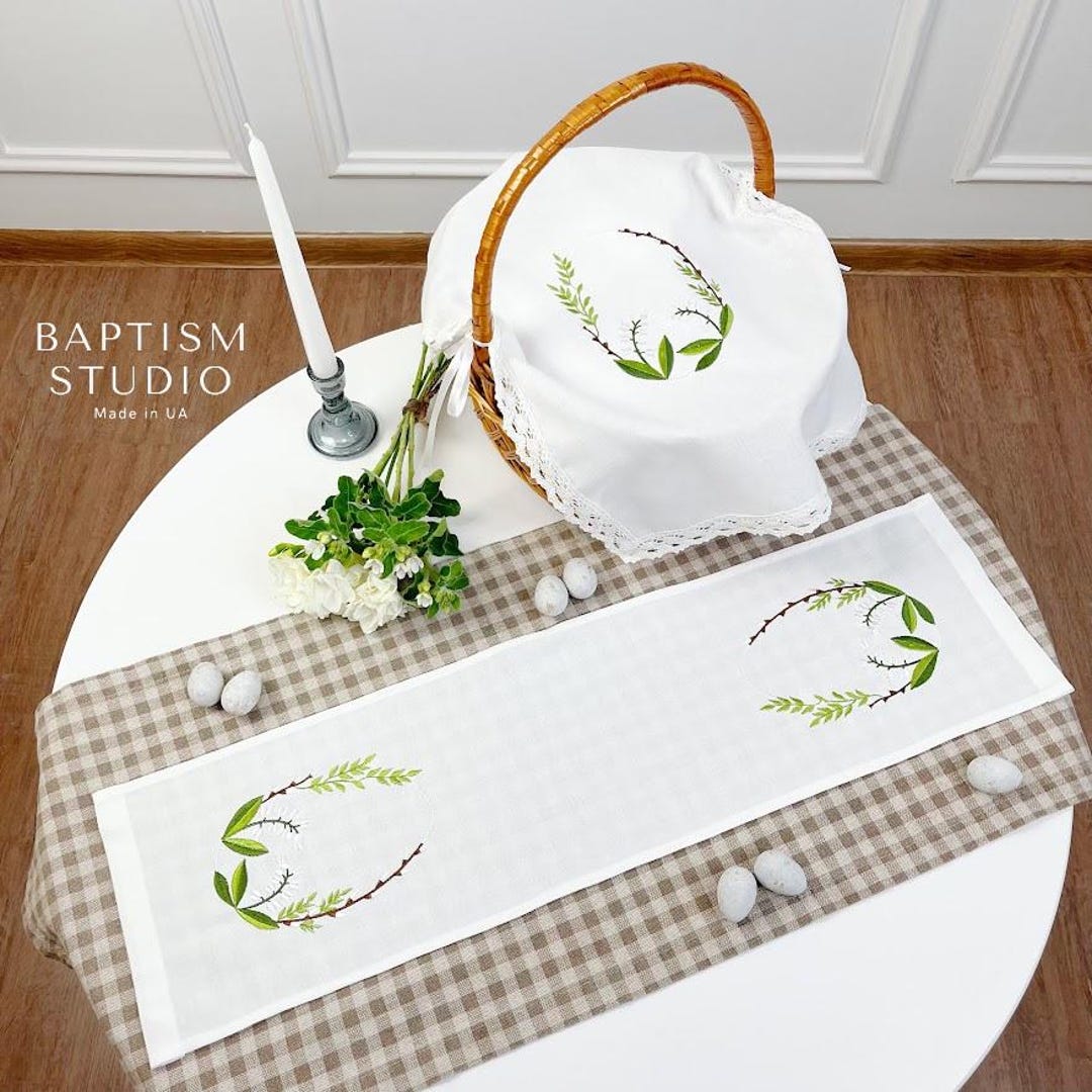 Linen Easter Basket Cover & Table Runner Set – Embroidered Christian ...