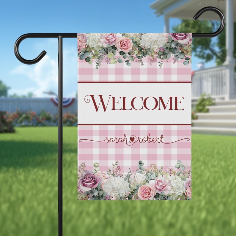 Personalized Flag | Custom Garden Flag | Pink Gingham Spring Florals ...