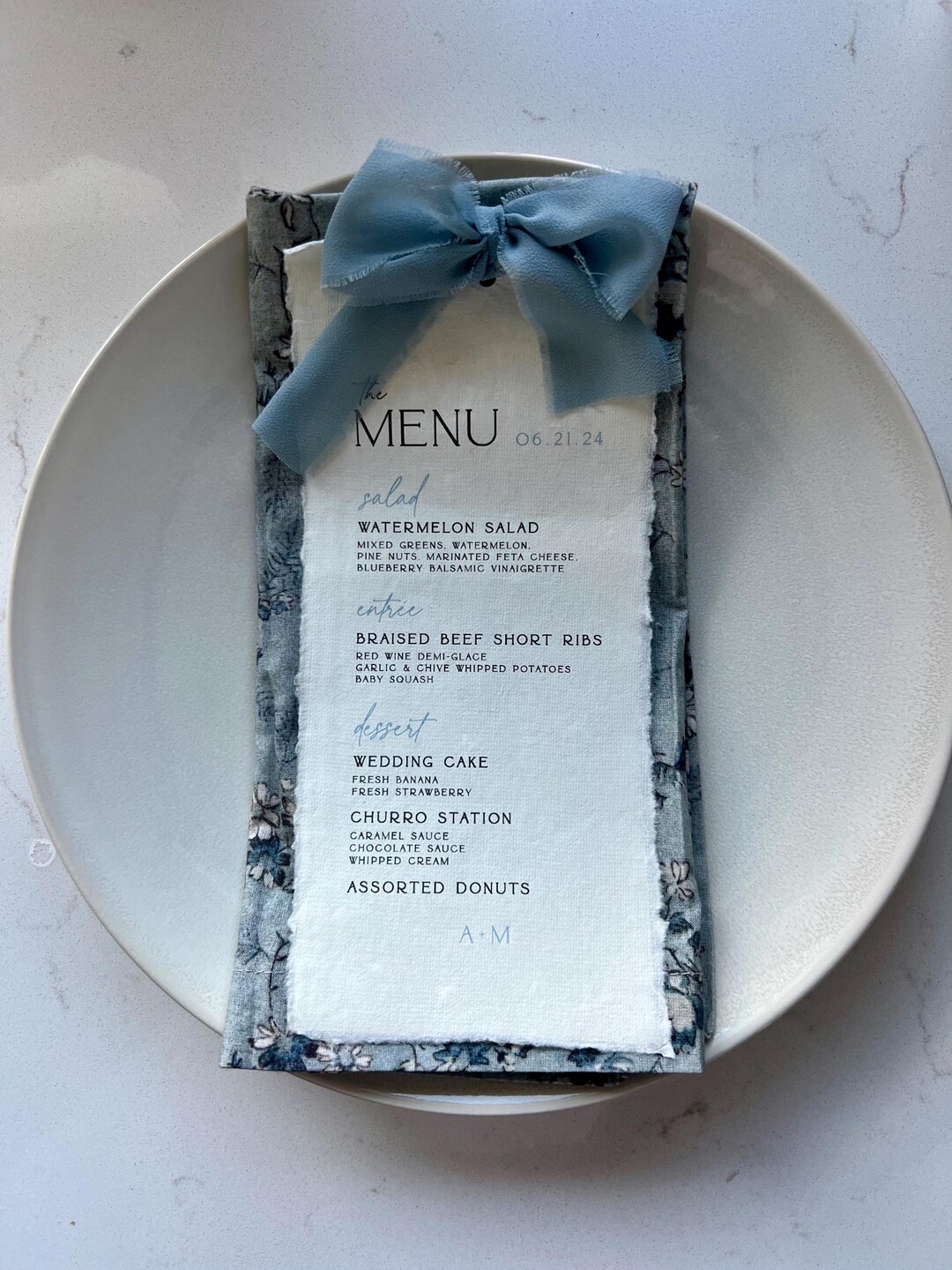 ONE SAMPLE - Handmade Deckle Edge Paper Wedding Menus With Chiffon Bow ...