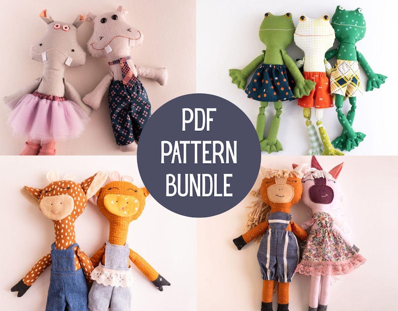 Animal Rag Doll Sewing Pattern Bundle: Giraffe, Frog, Hippo, Horse ...