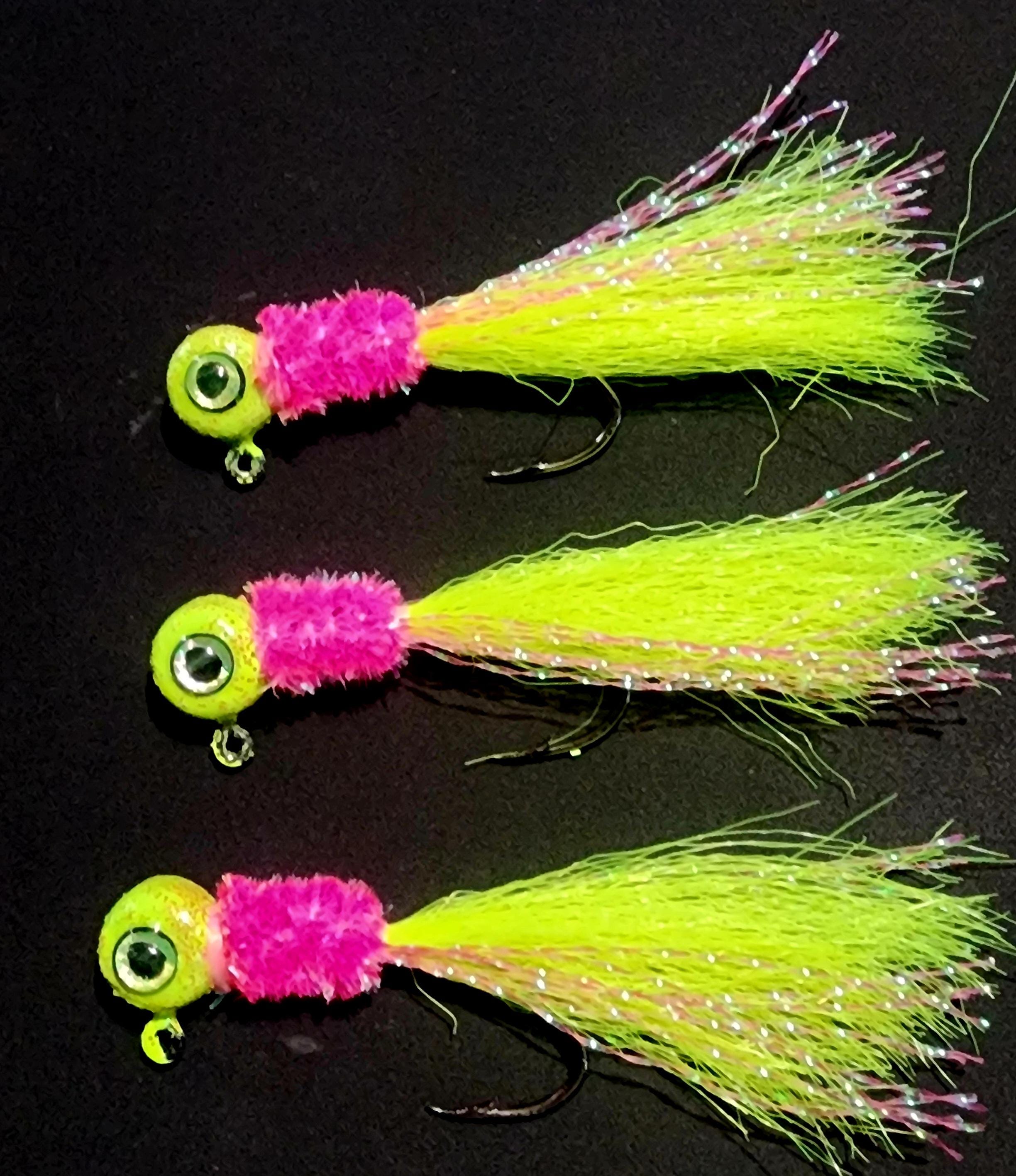 Hand Tied Crappie Fishing Jigs - Chartreuse and Hot Pink Flash #2 ...