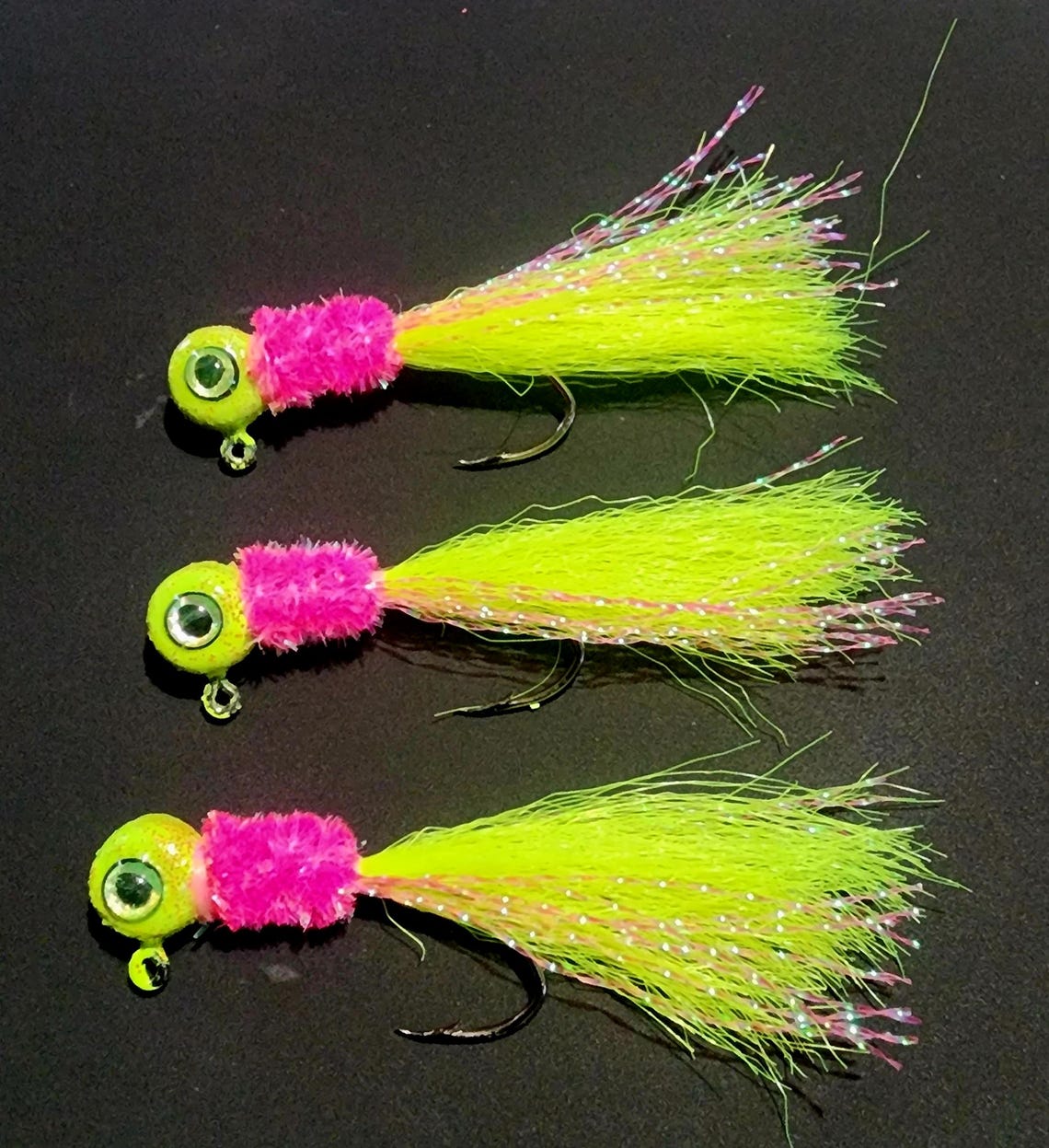 Hand Tied Crappie Fishing Jigs - Chartreuse and Hot Pink Flash #2 ...