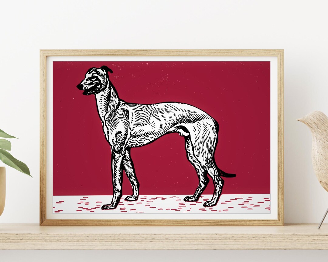 Vintage Dog Wall Art, Greyhound Art Print, Colorful Dog Print, Red Dog ...