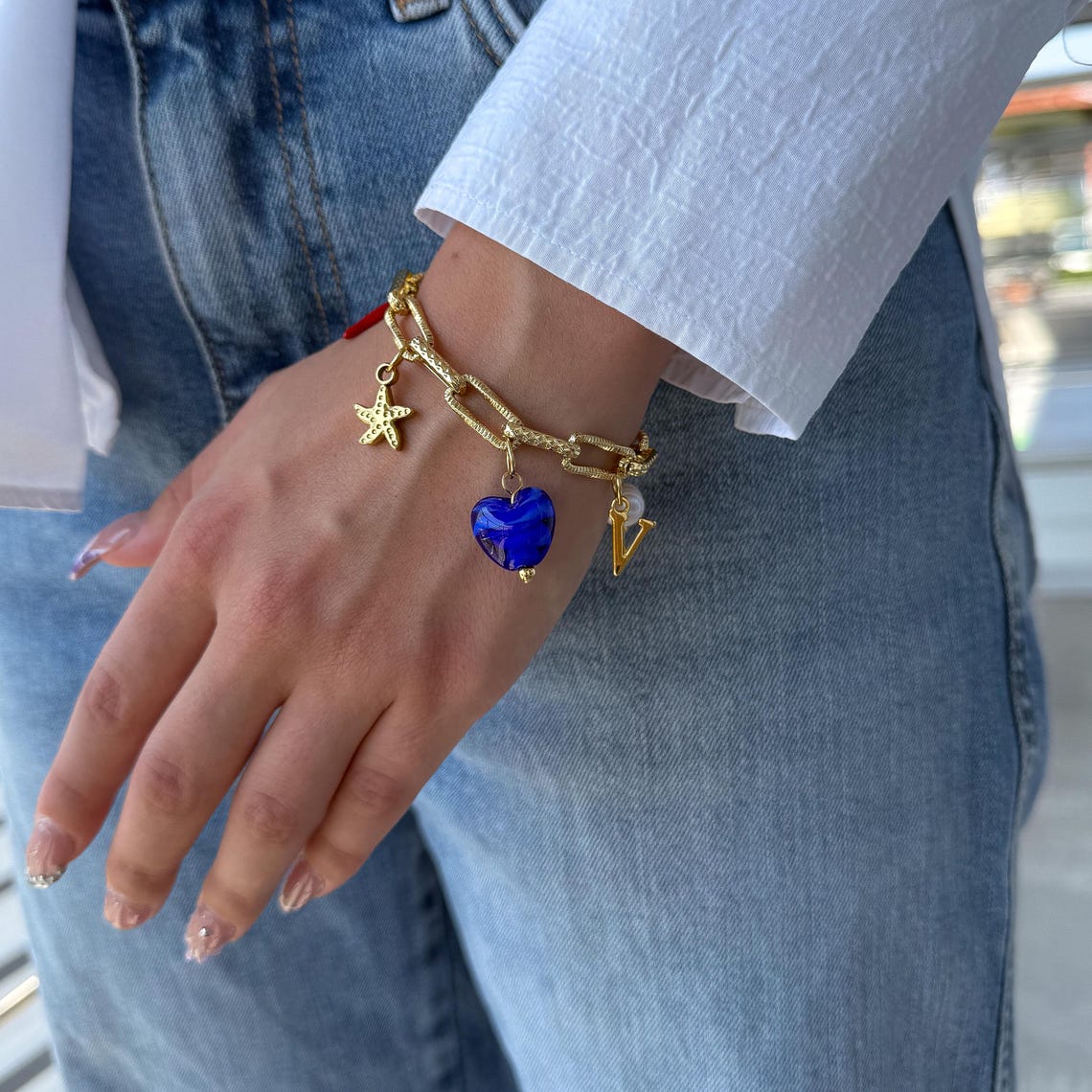 Chunky Colorful Charm Bracelet, Gold Link Chain Bracelet, Heart Lock ...
