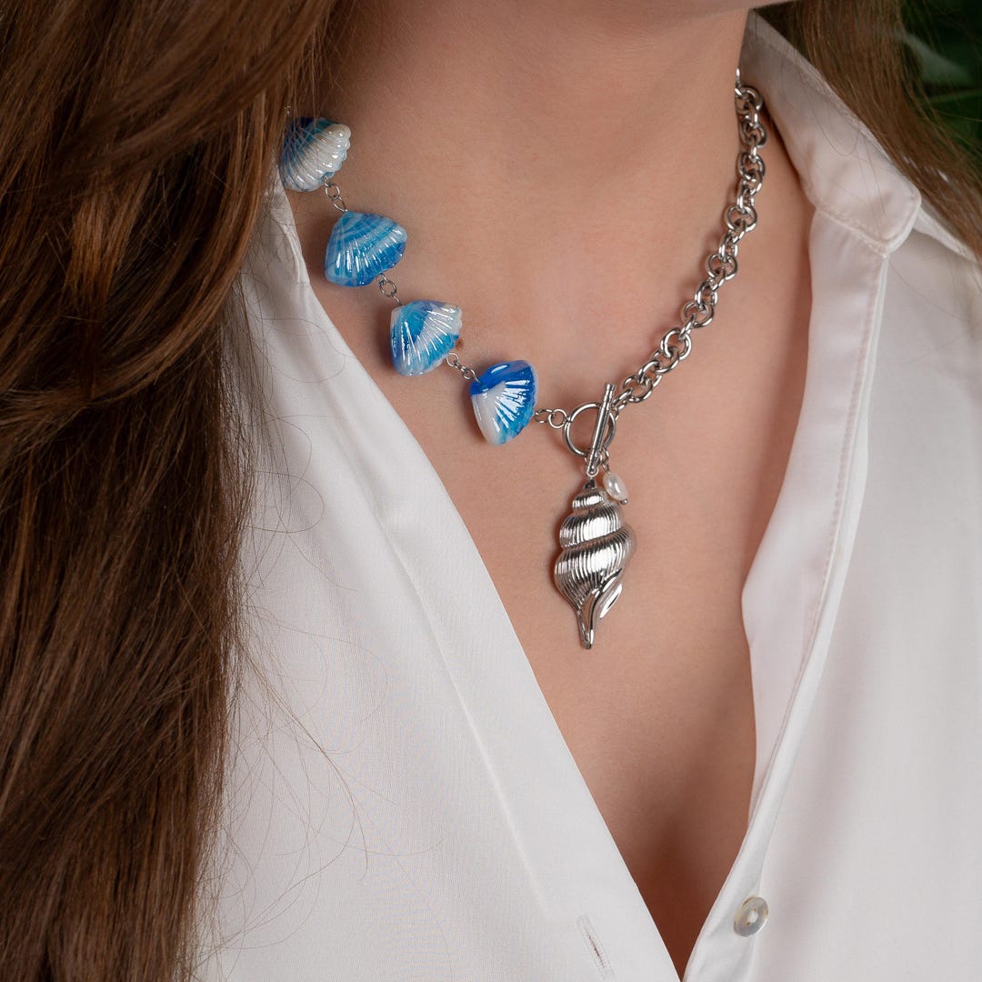 Chunky Conch Shell Necklace: Blue White Glass Beads, Stainless Steel ...