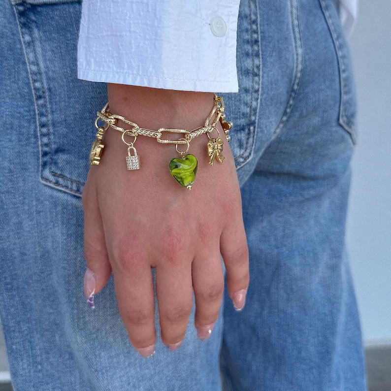 Chunky Colorful Charm Bracelet, Gold Link Chain Bracelet, Heart Lock ...