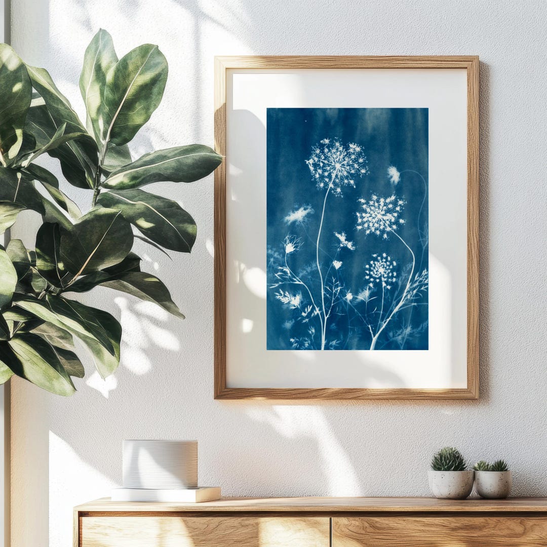 Botanical Cyanotype Art Prints, Nature Floral Wall Art, Navy Blue Wall ...