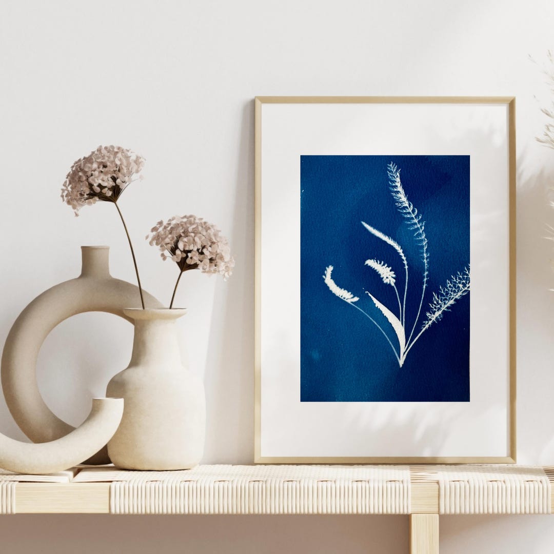Botanical Cyanotype Art Prints, Nature Floral Wall Art, Navy Blue Wall ...