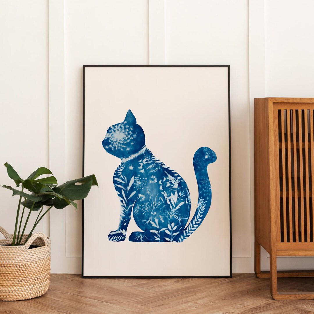 Cyanotype Print Cat Art Botanical Animal Art - Etsy