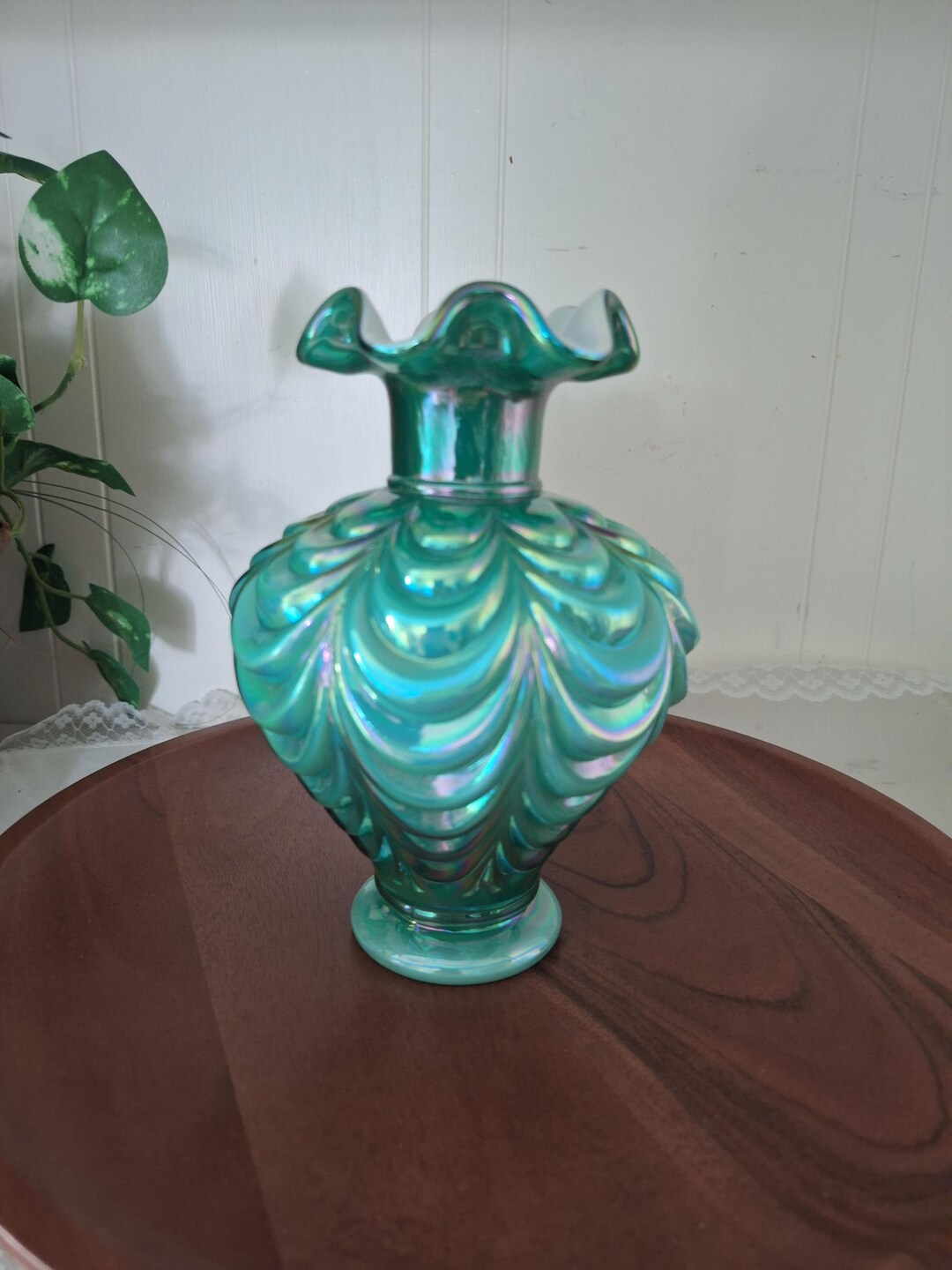 Vintage Fenton 7" Green Iridescent Glass Vase - Drapery Pattern ...