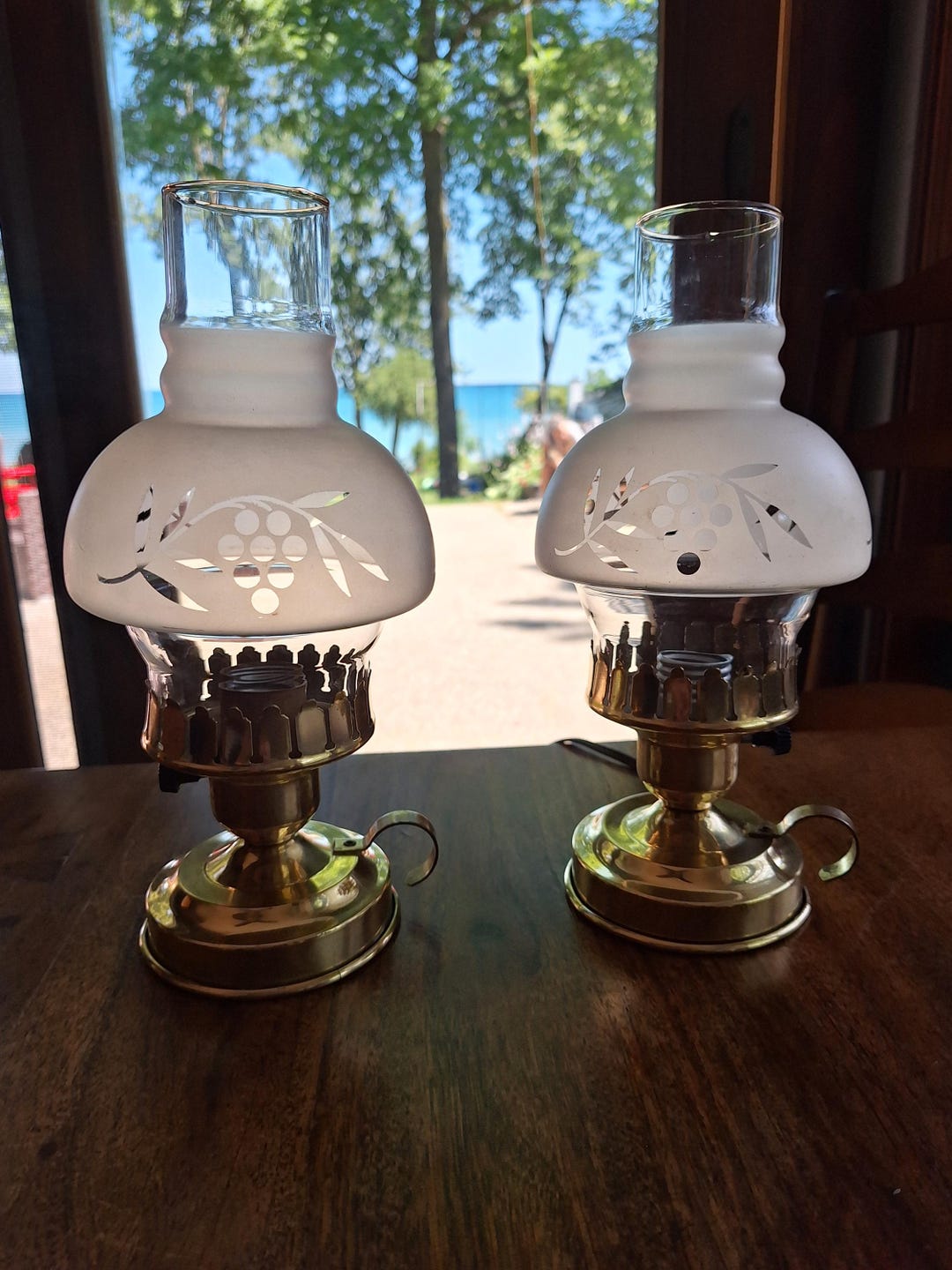 Hurricane Brass Lamps - Vintage 70's With Frosted Glass Chimneys Floral ...