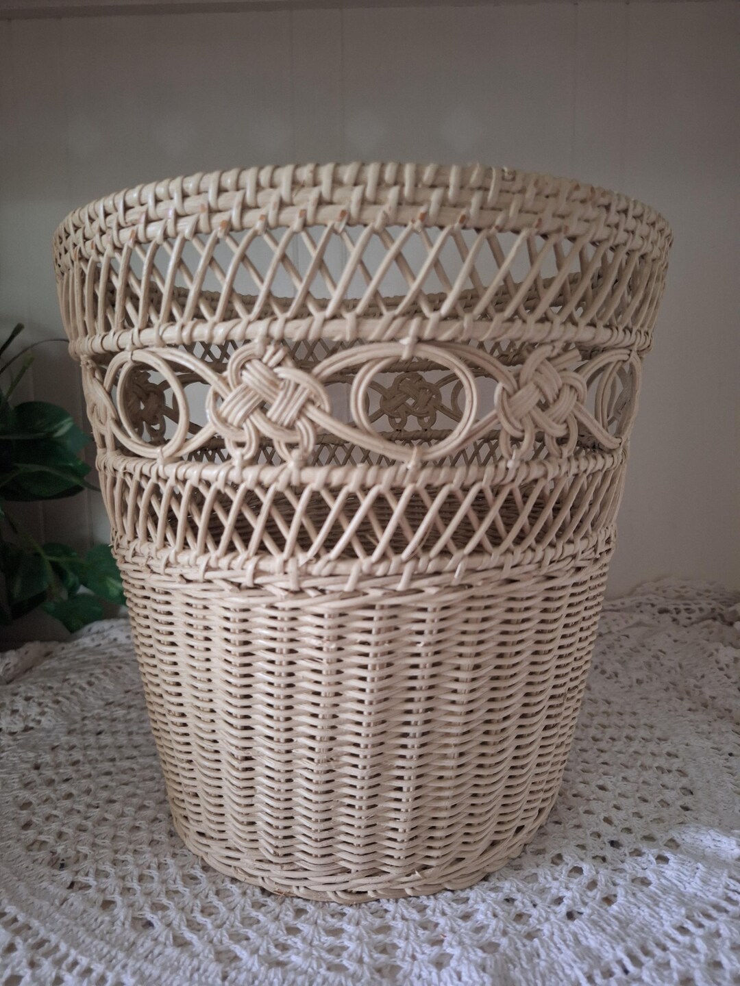 Vintage Wicker Rattan Wastebasket - Handwoven Decorative Basket - Boho ...
