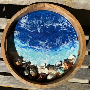 Round Wood Beach Tray Round Shimmery Deep Blue and Light Blue Water so ...