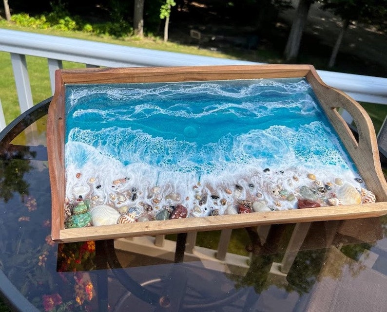 Wood Beach Tray Teal Blue Water Shells Shoreline Lacey White - Etsy