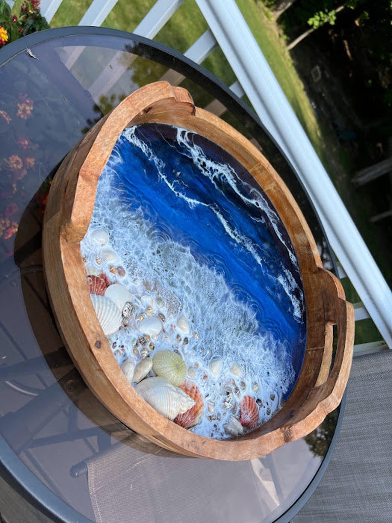 X Large Wood Beach Tray Round Deep Blue Water Shells Sea - Etsy