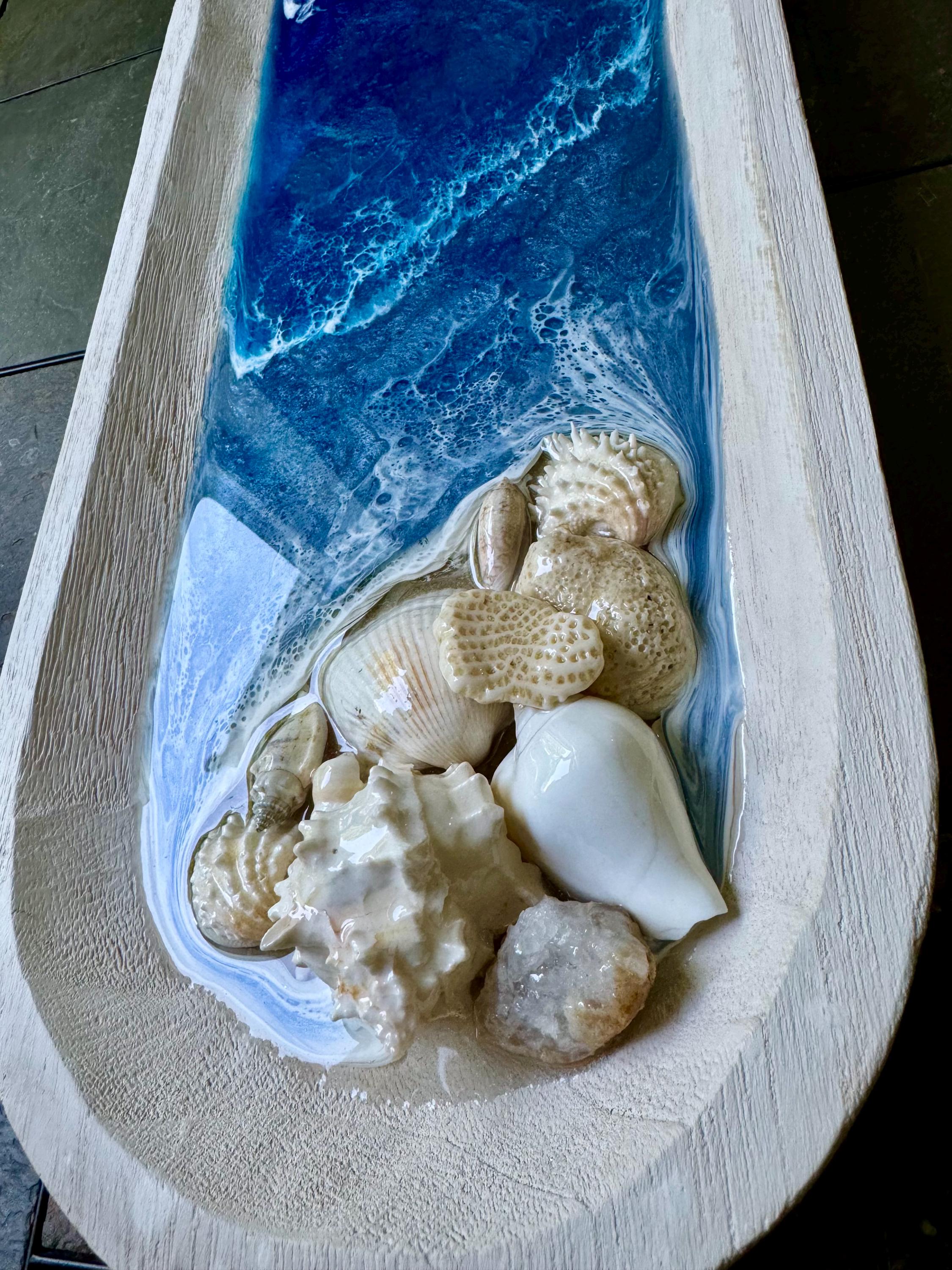 Beach Tray: Rustic White Wood, Shells, Coral, and Epoxy Resin Ocean ...
