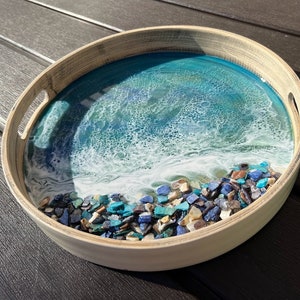 Beach Tray Round Clear TEAL Blue Water Shell Chip Shoreline White Wave ...