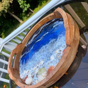 X Large Wood Beach Tray Round Deep Blue Water Shells Sea Urchin ...