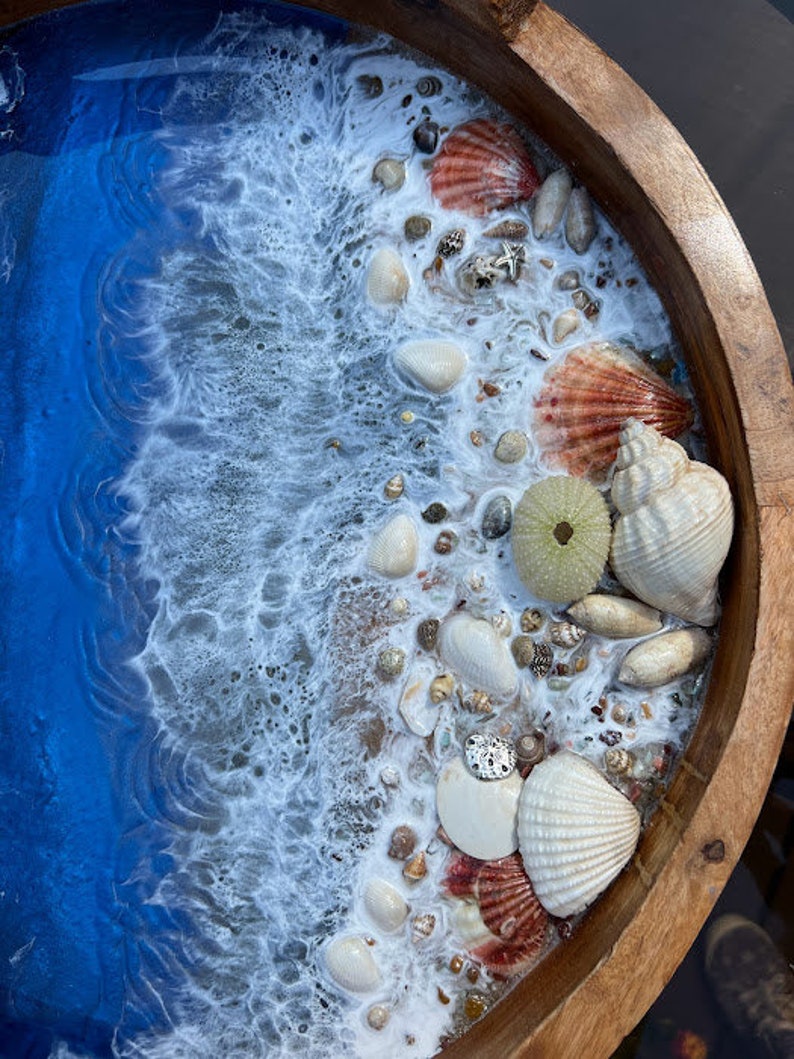 X Large Wood Beach Tray Round Deep Blue Water Shells Sea - Etsy