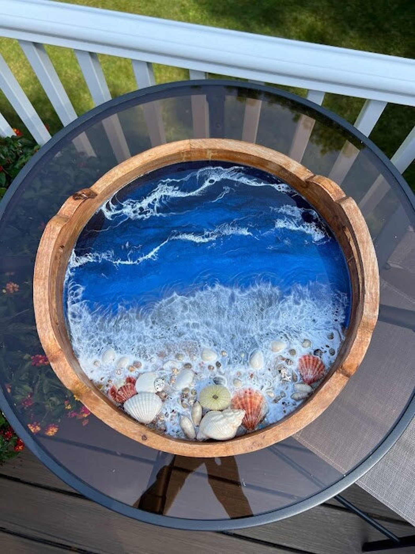 X Large Wood Beach Tray Round Deep Blue Water Shells Sea - Etsy