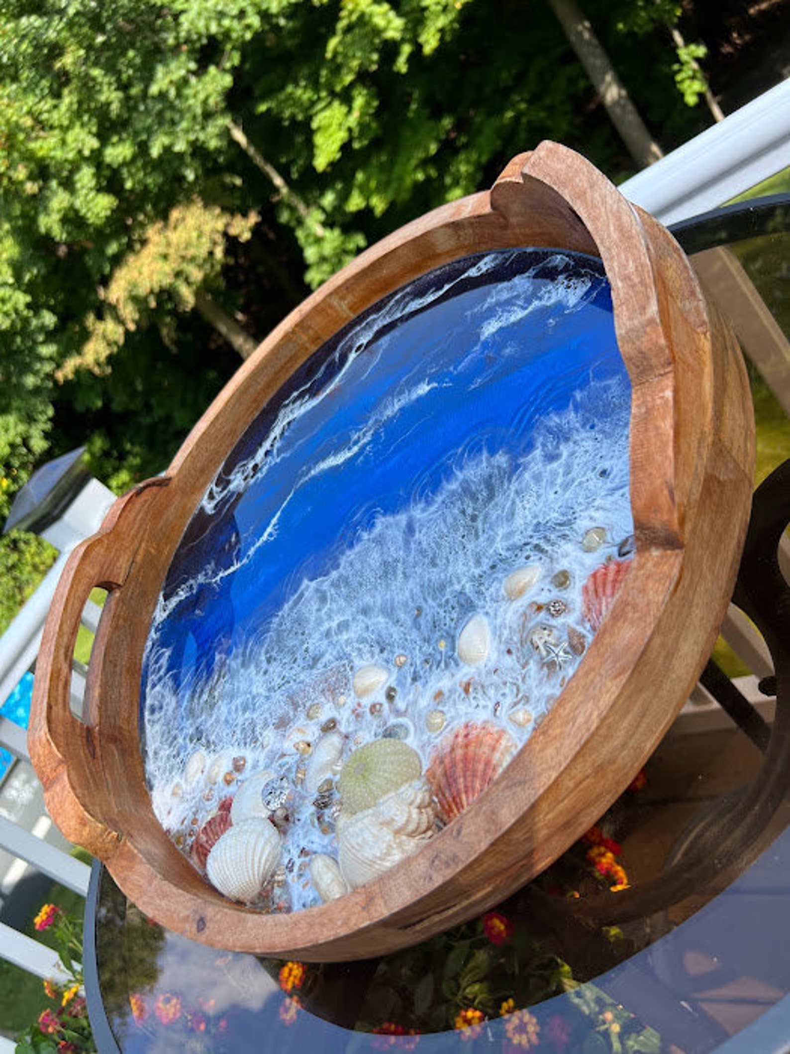 X Large Wood Beach Tray Round Deep Blue Water Shells Sea - Etsy