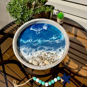 Wood Beach Tray Round Shimmering Blues Water Shells Pebbles Shoreline ...