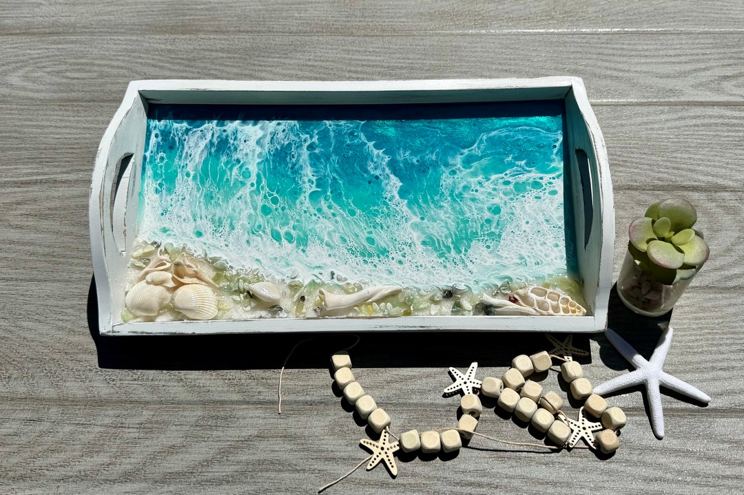 Wood Beach Tray Shimmery Teal Blue Water Shell Pebbles Shoreline White ...