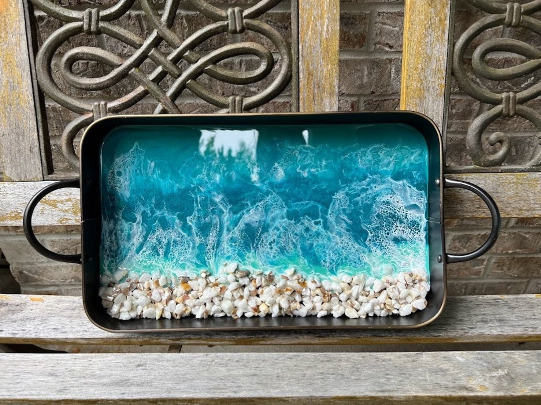 Metal Beach Tray With Handles White Stones Shell Chips Shimmery Teal ...