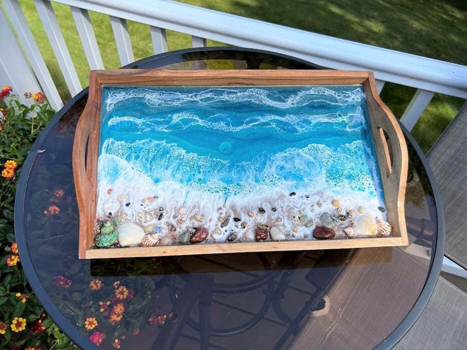 Wood Beach Tray Teal Blue Water Shells Shoreline Lacey White Waves ...