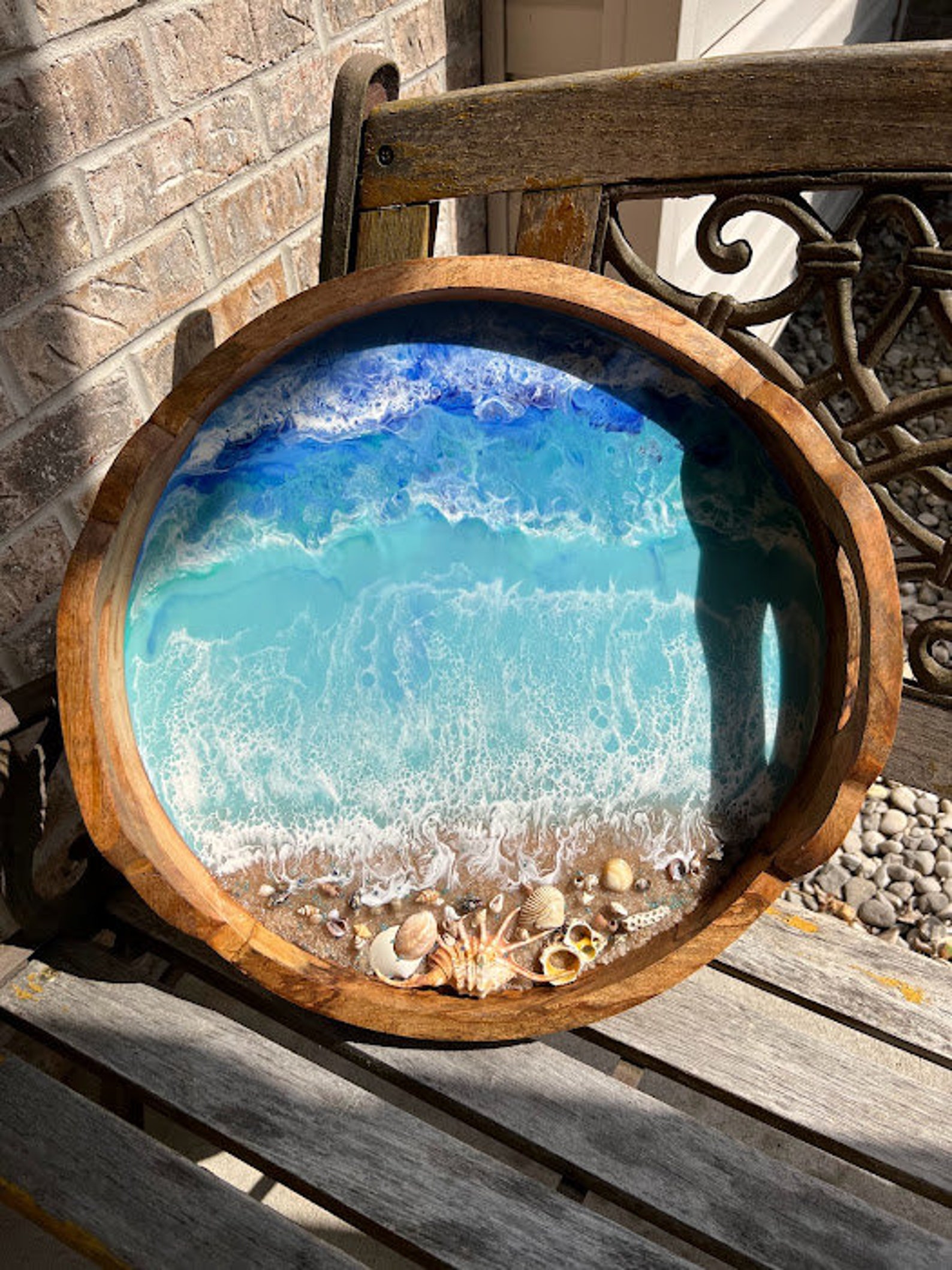 Resin Beach Tray: Large Round Wood Tray With Seashells - Etsy