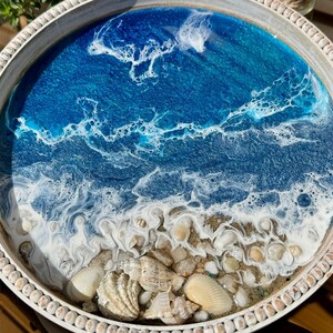 Wood Beach Tray Round Shimmering Blues Water Shells Pebbles Shoreline ...