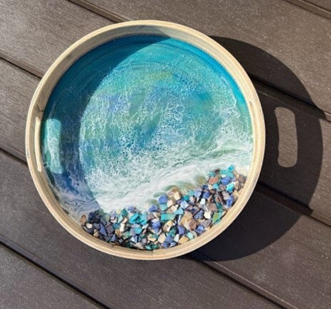 Beach Tray Round Clear TEAL Blue Water Shell Chip Shoreline White Wave ...