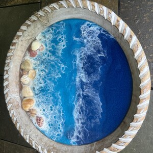 Wood Beach Tray Round Whitewash Blue Water Seashell Shoreline White ...