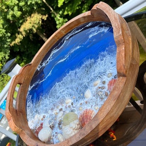 X Large Wood Beach Tray Round Deep Blue Water Shells Sea Urchin ...