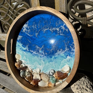 Round Wood Beach Tray Round Shimmery Deep Blue and Light Blue Water so ...