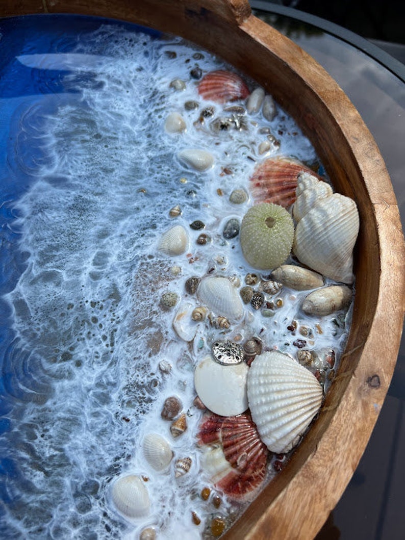 X Large Wood Beach Tray Round Deep Blue Water Shells Sea - Etsy