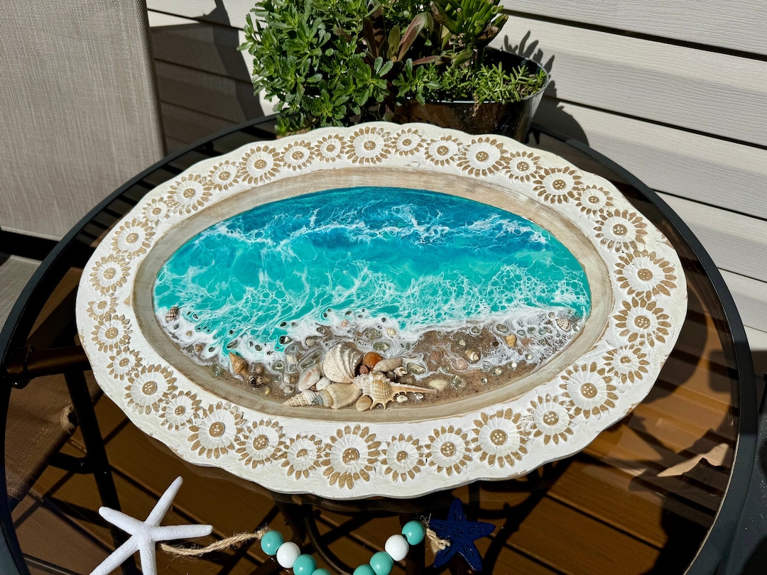 Rustic White Wood Beach Tray Teal Blue Water White Wave Washing up ...
